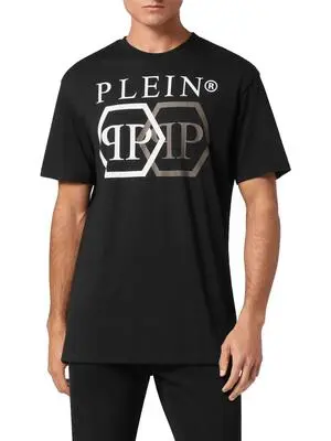 Philipp Plein Cotton T-shirt With Hexagon Logo And Contrast Monogram Print - Black