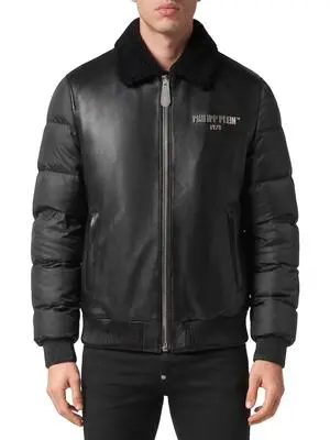 Philipp Plein Lambskin Leather Padded Jacket With Fur Collar - Black