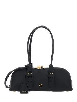 Pinko Leather Shoulder Bag With Gold Tone Clasp - Black