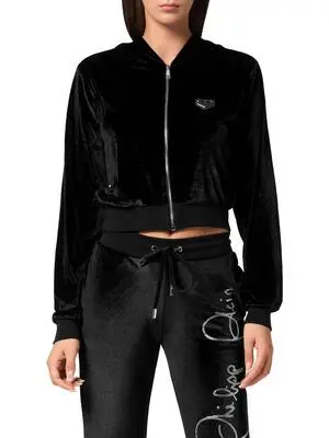 PHILIPP PLEIN Philipp Plein Cropped Velvet Zip-Up Hoodie With Rhinestone Logo