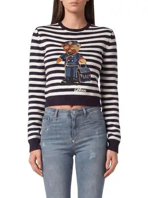 Philipp Plein Cropped Striped Wool Blend Jumper With Teddy Bear Print - Navy
