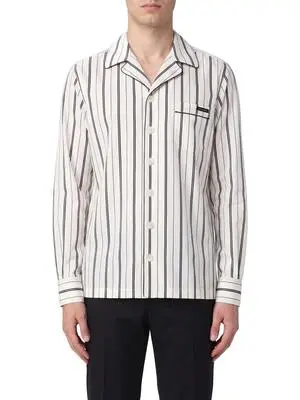 Dolce & Gabbana Striped Cotton Shirt With Cuban Collar And Patch Pocket - White