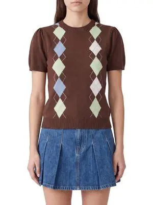 GANNI Argyle Puff Sleeve Sweater - Brown