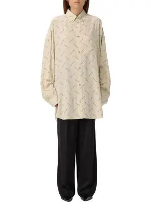 Balenciaga Oversized Button-Up Shirt With All-Over Logo Print Beige