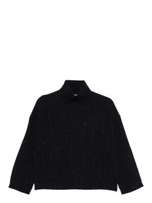 Brunello Cucinelli High Neck Ribbed Cashmere Blend Sweater With Sequins - Blue