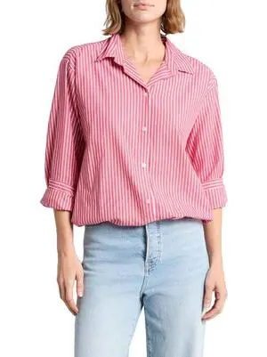 BEACHLUNCHLOUNGE Beach Lunch Lounge Marin Striped Cotton Crop Bubble Hem Shirt - Currant Red