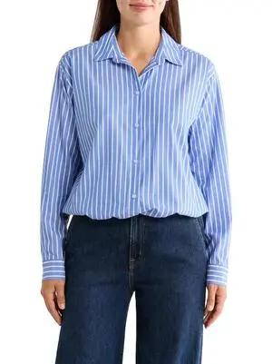 BEACHLUNCHLOUNGE Beach Lunch Lounge Marin Striped Cotton Crop Bubble Hem Shirt - Rustic Blueberry