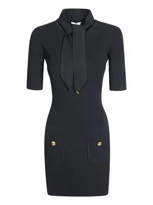 Elisabetta Franchi Ribbed Knit Gown With Tie Neck And Buttoned Pockets - Nero