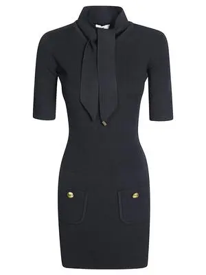 Elisabetta Franchi Ribbed Knit Gown With Tie Neck And Buttoned Pockets - Nero