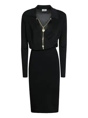 ELISABETTA FRANCHI ELISABETTA FRANCHI Black Knit Gown With Gold-Tone Charm Detail