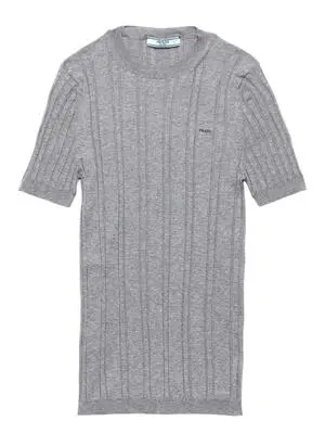 Prada Short-sleeved Ribbed Knit Cotton Sweater - Grey