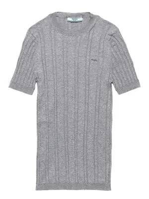 Prada Short-sleeved Ribbed Knit Cotton Sweater - Grey