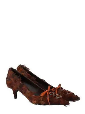 Prada Feather-embellished Satin Pumps - Brown