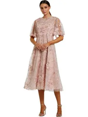 Mac Duggal Petite Flutter Sleeve Embroidered Midi Dress - Pink