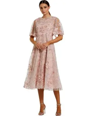 Mac Duggal Petite Flutter Sleeve Embroidered Midi Dress - Pink