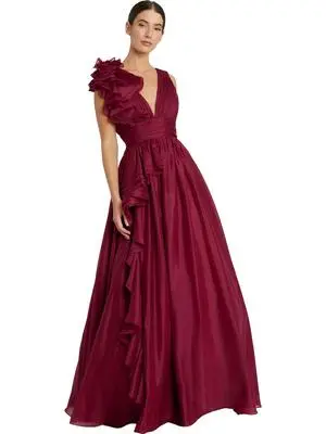 Mac Duggal Petite Chiffon Gown With Ruffled Shoulder - Red