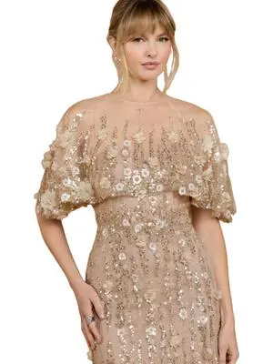 MAC DUGGAL COLLECTION Embellished Cape Sleeve Mermaid Gown - Neutral