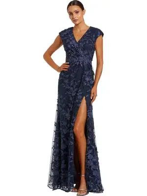 Mac Duggal Petite Faux Wrap Embroidered Cap Sleeve Gown - Navy