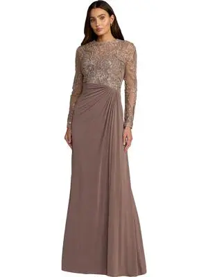 Mac Duggal Embroidered Illusion Long Sleeve Gown - Brown