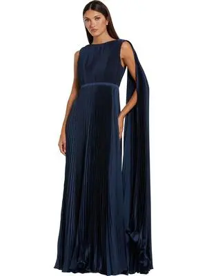 Mac Duggal Pleated Cape Back Gown - Navy