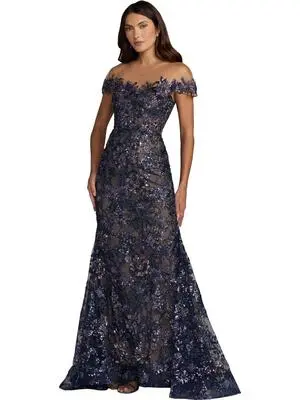 Mac Duggal Embellished Lace Trumpet Gown - Midnight