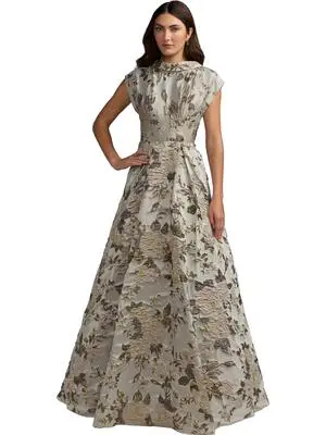 Mac Duggal Floral Brocade Cap Sleeve Ball Gown - Platinum Multi