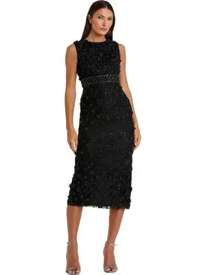 Mac Duggal Petite Floral Applique Sleeveless Midi Dress - Black