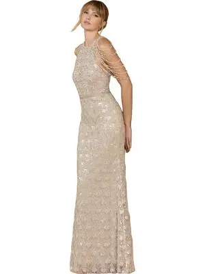 MAC DUGGAL COLLECTION Petite Ivory Draped Pearl Embellished Column Gown - Neutral