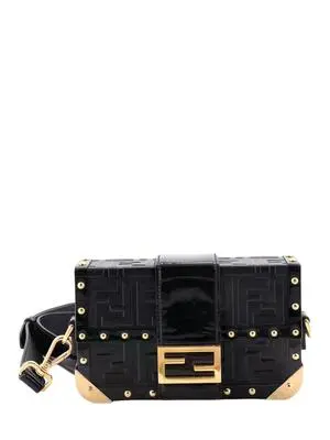 Fendi Baguette Trunk Bag Zucca Embossed Leather Mini Crossbody Bag - Black