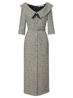 Alessandra Rich Belted Cotton And Wool-blend Tweed Midi Dress - Black
