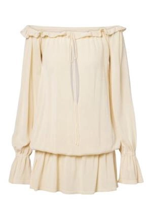 AYA MUSE Cryo Off-the-shoulder Ruffled Drawstring Minidress - Beige