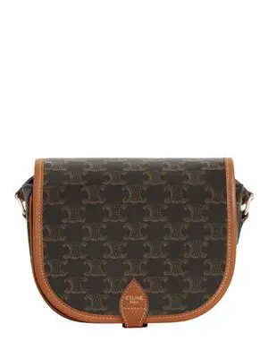 Celine Medium Folco Bag In Triomphe Canvas And Calfskin - Tan