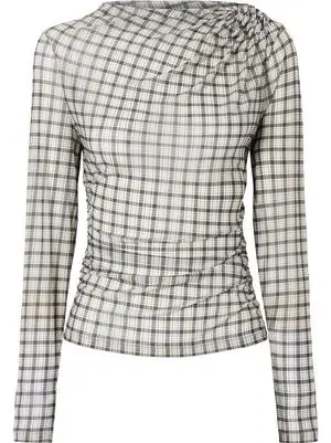 Veronica Beard Nuvina Gathered Checked Stretch-mesh Blouse - Green