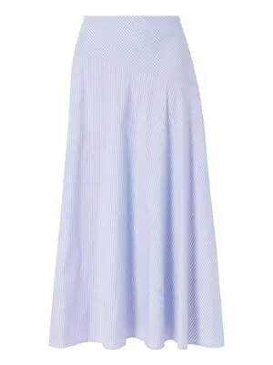 Theory THEORY Gathered Striped Cotton-Blend Poplin Midi Skirt Light Blue