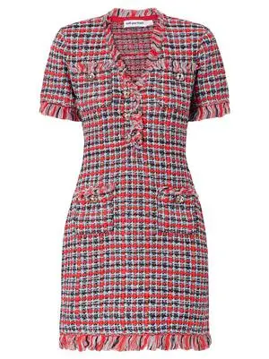 SELF-PORTRAIT Checked Frayed Cotton-blend Mini Dress - Red