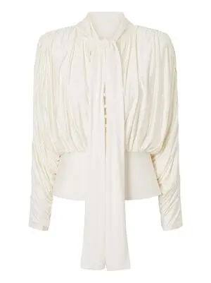 SELF-PORTRAIT Self-Portrait Tie-Detailed Gathered Stretch-Jersey Blouse Cream
