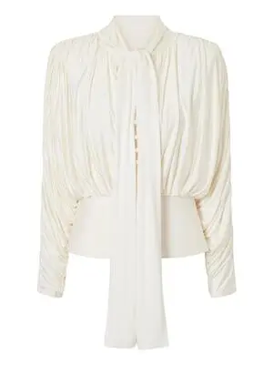 SELF-PORTRAIT Tie-detailed Gathered Stretch-jersey Blouse - Neutrals