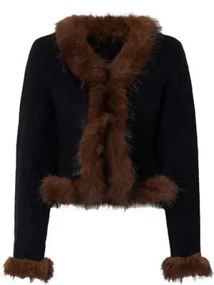 SELF-PORTRAIT Plush-trimmed Knitted Cardigan - Black