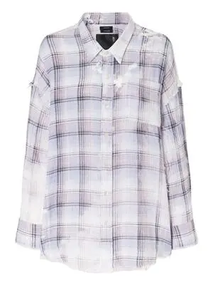 R13 Distressed Checked Crinkled-cotton Gauze Shirt - Bright Blue