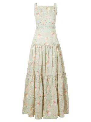 Agua Bendita Abeja Playa' Printed Linen Maxi Dress - Green