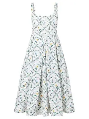 Agua Bendita Alcaparra Brisa Floral-print Embellished Cotton Midi Dress - Neutrals