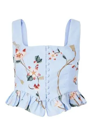 Agua Bendita Floral Embroidered Cropped Top - Blue