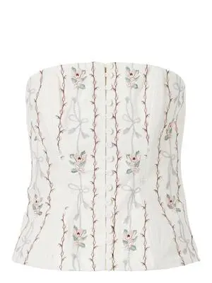Agua Bendita Abelia Navegante Floral-embroidered Linen Corset Top - Neutrals