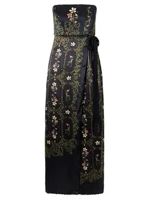 Agua Bendita Floral-print Embellished Satin Midi Dress - Black
