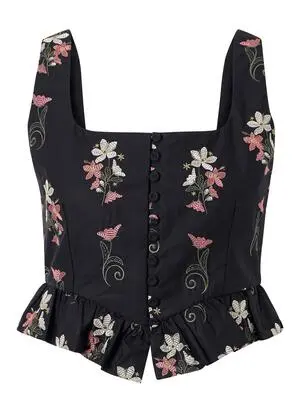 Agua Bendita Eslabón Noche Floral-embroidered Cropped Top - Black