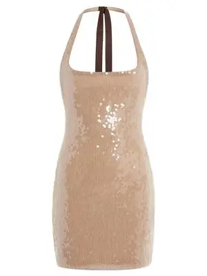 16Arlington Syre Mini Dress With Halterneck And Satin Ties - Beige