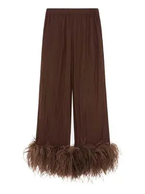 16Arlington Joelle Wide-leg Feather-trimmed Trousers - Chocolate