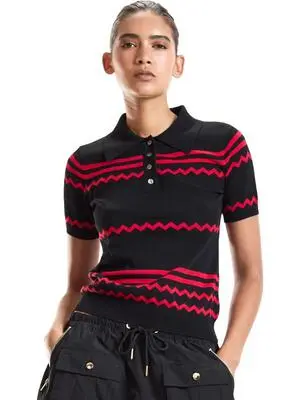 Cynthia Rowley Ziggy Cropped Knit Polo - Black & Multi