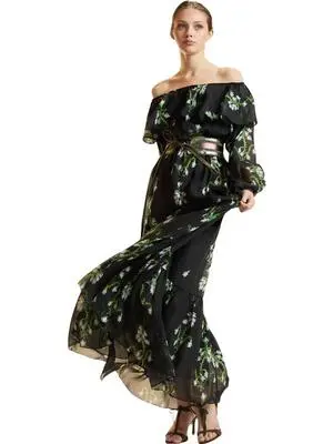 Cynthia Rowley Off-the-shoulder Silk Maxi Dress With Ruffled Neckline - Black
