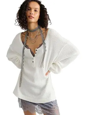 Free People We The Free Montreal Oversized Waffle Knit Henley - Clean Ivory